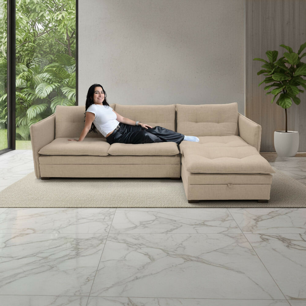 Sofa Cama en L Napoles 269x146x80 Con Baul Izquierdo Beige – EBANI