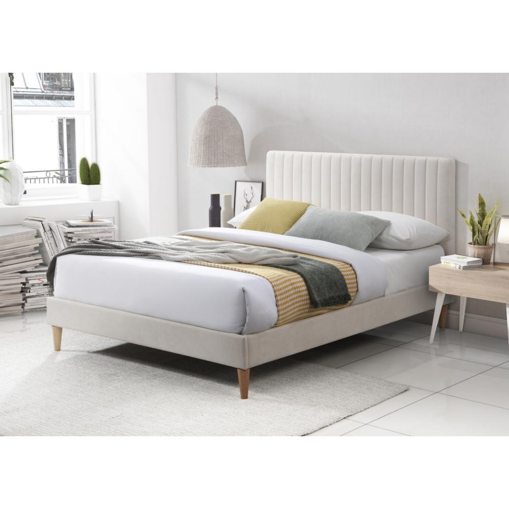 Cama Doble Tania, Gris Crema, madera roble tapizada – EBANI