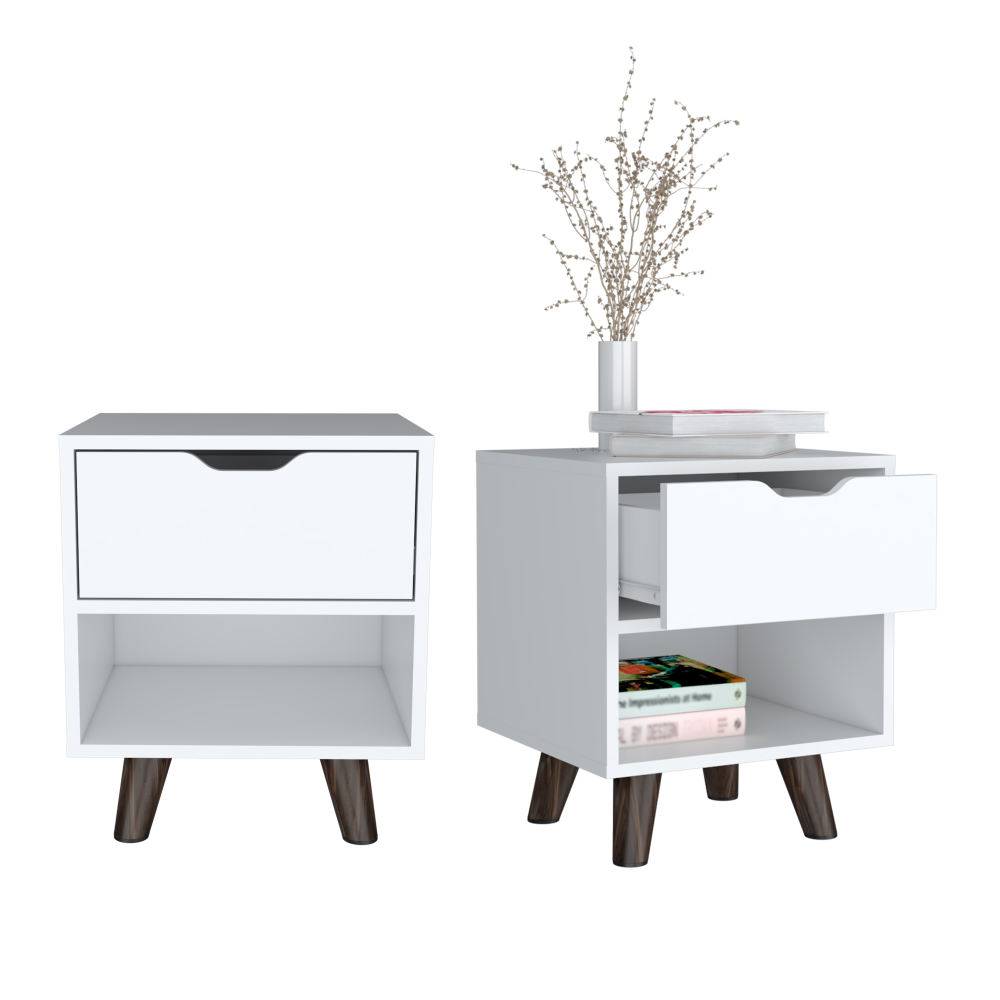 Mesa De Noche Canelo Blanco Con Patas En Madera Y Un Cajon Zf X2 – EBANI