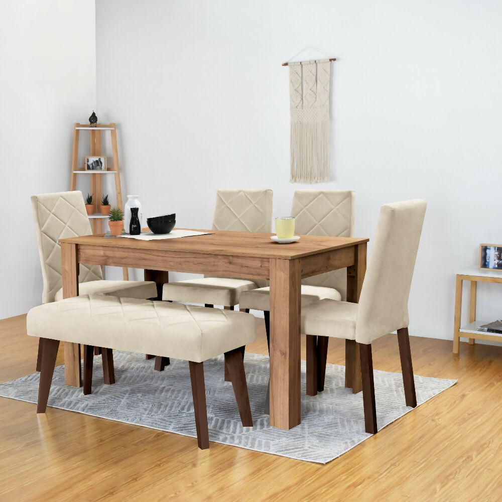 Comedor Voru 6 Puestos con Sillas y Butaco Liverpool Tela Taupe – EBANI